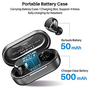 TOZO T12 2022 Wireless Earbuds Bluetooth 5.3 Headphones Premium Sound Performance Touch Control LED Digital Display Wireless Charging Case Earphones Dark Black (Renewed)