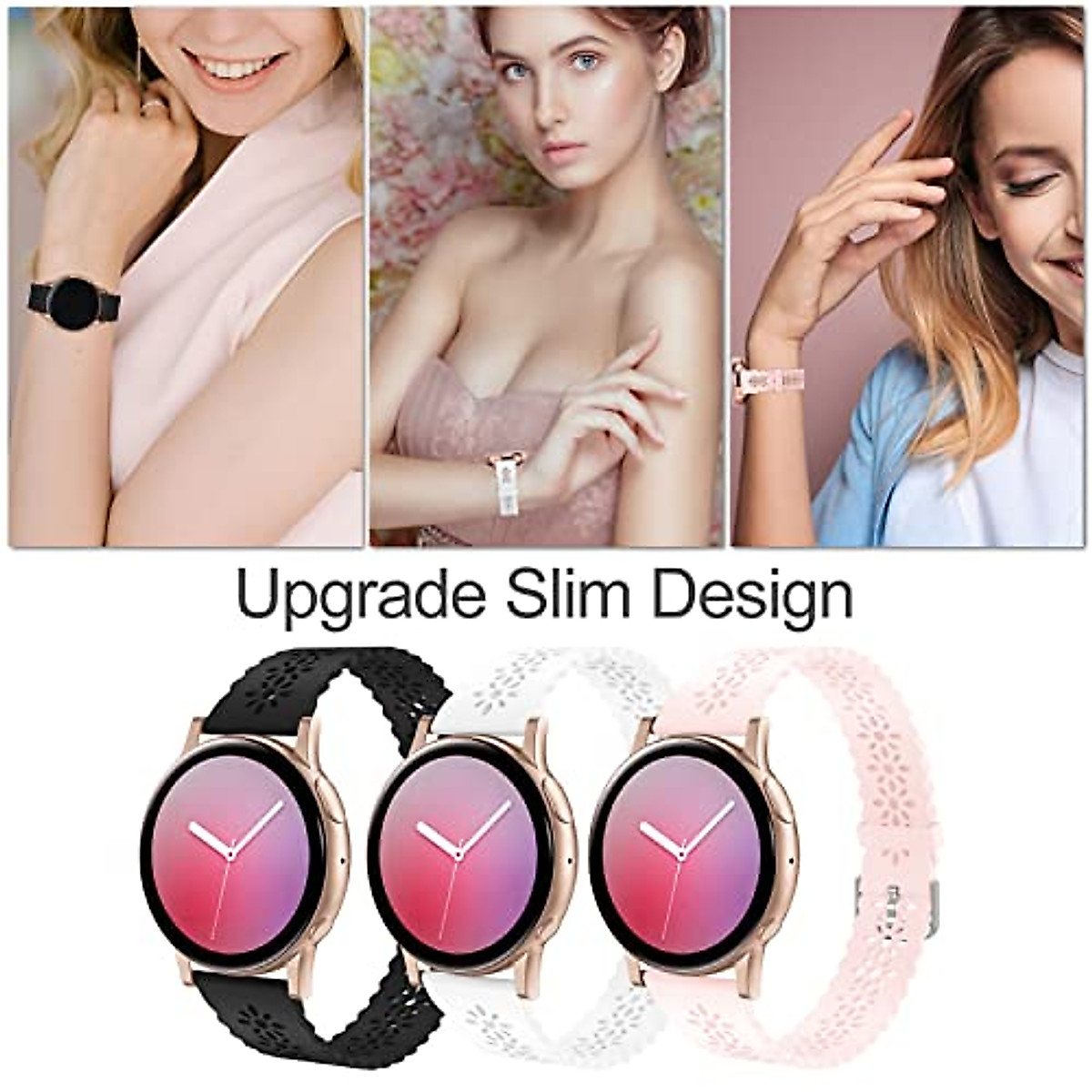Bandiction 3 Pack 20mm Lace Silicone Band Compatible for Samsung Galaxy Watch 6 40/43/44/47mm, Watch 5 Pro 45mm, Classic 42mm 46mm/Watch 4 40mm 44mm/Watch 3 41mm/Active 40mm/Active 2 40mm 44mm Band