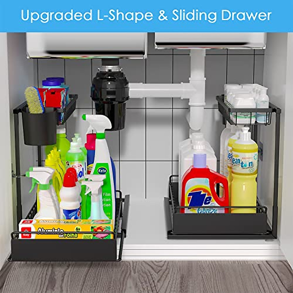 Gracenal Under Sink Organizer, Kitchen Organizers and Storage 1 Pack & Ribbed Glass Cups with Straws 12oz, Drinking Glasses Set of 4