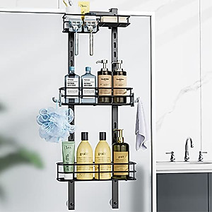 ODesign Over Door Shower Caddy Shelf with 4 Hooks Rustproof Bathroom Kitchen Storage Basket with Suctions for Large Shampoo Conditioner - 3 Tiers