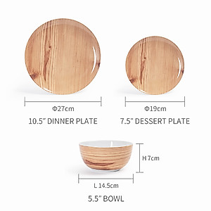 Wooden Pattern Porcelain Dinnerware Sets for 6, Ceramic Plates and Bowls, HF hoften Kitchen Dinnerware Set, 18pc Porcelain Dinnerware Set, Dishwasher, Microwave Safe