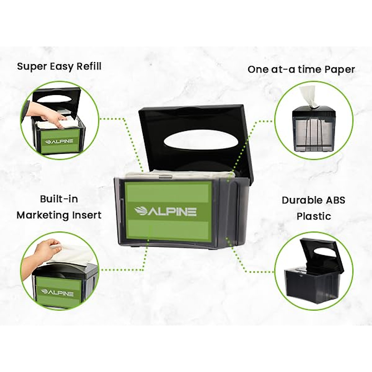 Alpine Tabletop Commercial Napkin Dispenser Restaurant Napkin Holder for Easy Access to Interfold Napkins from Both Sides with an Insert Marketing Space for Restaurants, Cafeterias, Food Trucks, Club