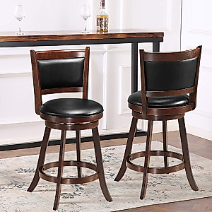 COSTWAY Bar Stools Set of 2, 360 Degree Swivel, Accent Wooden Swivel Seat Counter Height Bar Stool, Leather Upholstered Design, PVC Cushioned Seat, Perfect for Dining and Living Room (Height 24")