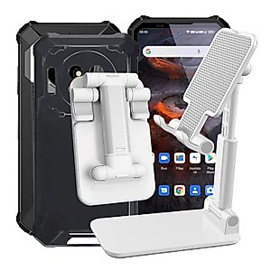 KJYF Phone Case for Oukitel WP19 (6.78"), [ 1 x Tempered Glass Protective Film], Shockproof Soft Silicone Black Case, with White Height Adjustable Cell Phone Stand for Desk.