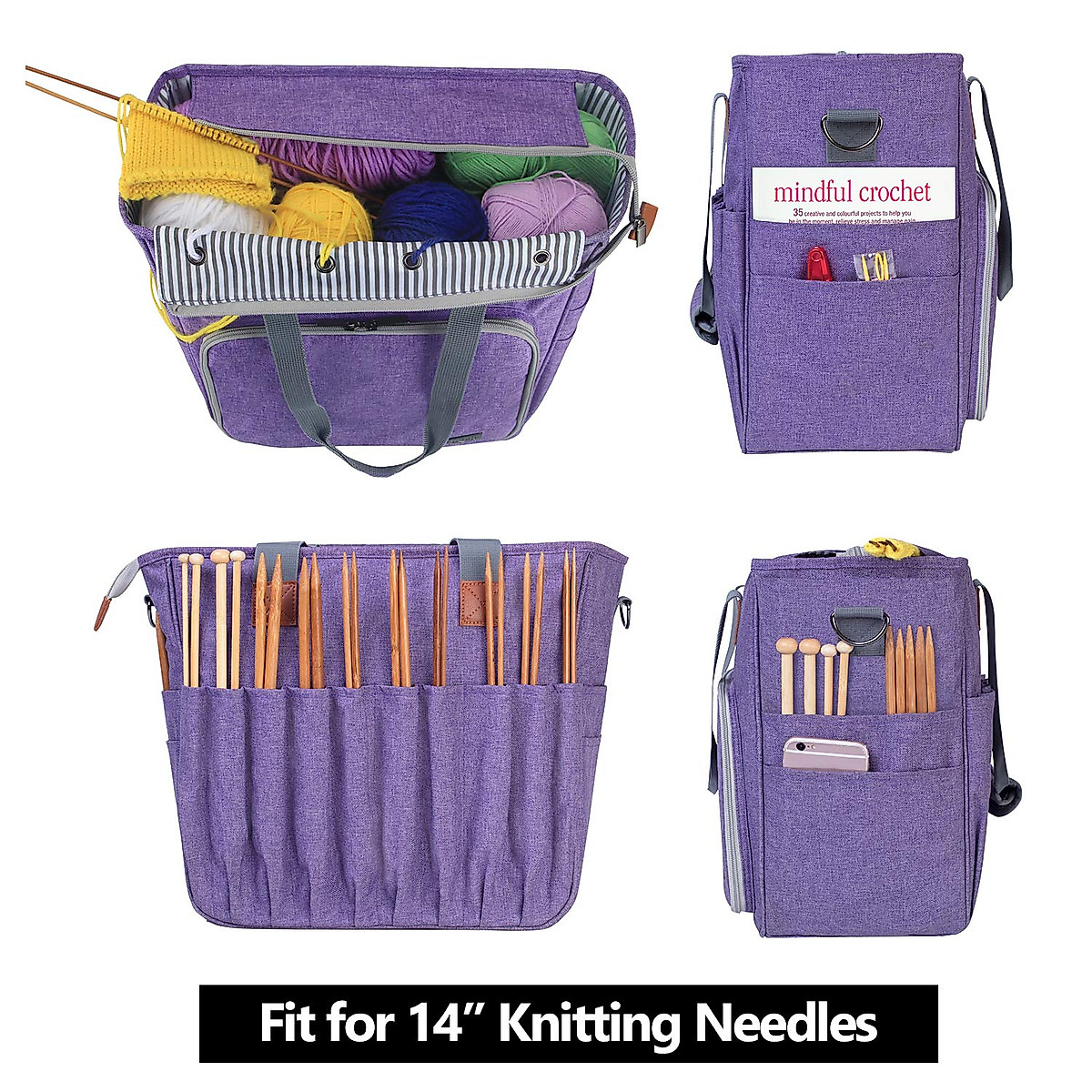 LUXJA Knitting Bag with Shoulder Straps, Yarn Bag for Carrying Projects, Knitting Needles, Crochet Hooks and Other Accessories, Purple