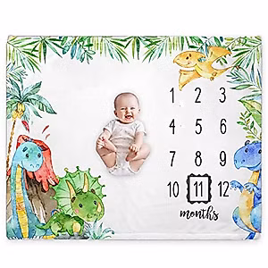 Popfavors Dinosaur Baby Monthly Milestone Blanket, Dinosaur Baby Growth Chart Milestone Blanket, Newborn Month Blanket for Boy & Girl, Includes Marker (50"x40")