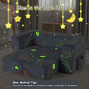 MAMIZO Kids Sofa Couch, Modular Toddler Couch Dinosaur Glow in Dark, Fold Out Play Plush Foam Chair, with 2 Ottomans 1 Side Pocket Soft Furniture Indoor Playroom Nursery Boys Girls