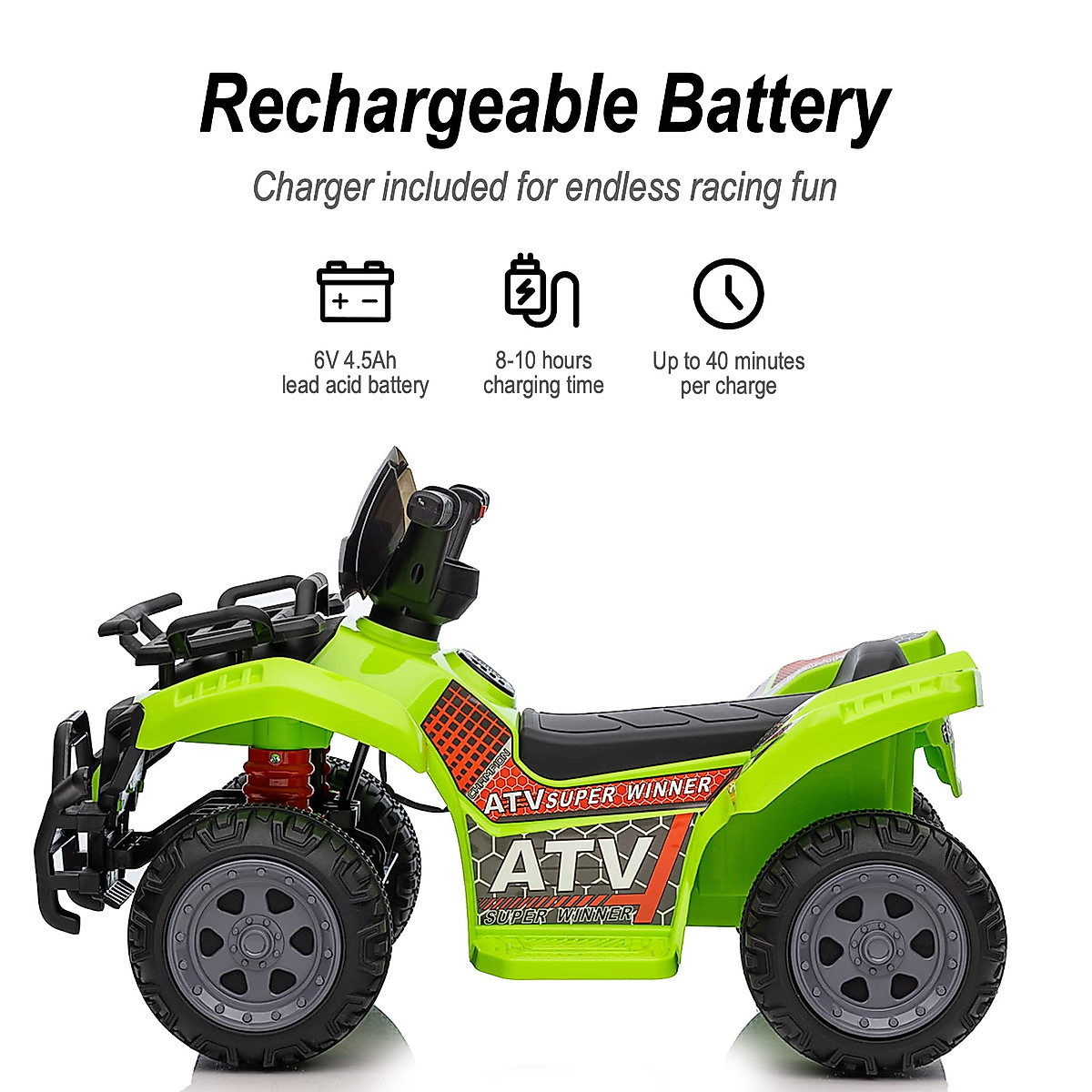 Hikiddo Kids ATV 4 Wheeler, 6V Ride-On Toy for Toddlers 1-3 Boys & Girls with Music, Forward & Reverse - Green