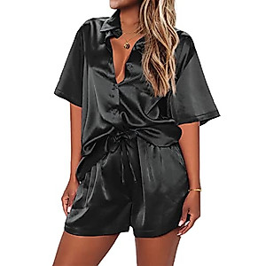 Ekouaer Satin Pajamas for Women Soft Short Sleeve Nightwear Button Down Pjs with Shorts Summer Silk 2 Piece Set Black,Medium