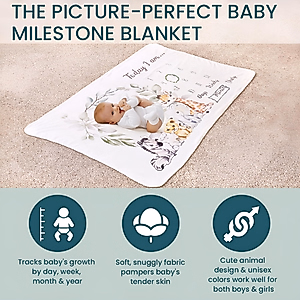 Monthly Baby Milestone Blanket for Baby Girl & Boy - 60"x40" Safari Baby Month Blanket - First Year Calendar Monthly Growth Chart - Track Baby Milestones & Growth - Soft Baby Picture Blanket