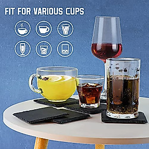 Slate Drink Coasters with Metal Holder, GOH DODD 4 Inch 8 Pieces Black Stone Coasters Bulk Cup Coaster Set for Bar Kitchen Home Apartment, Square