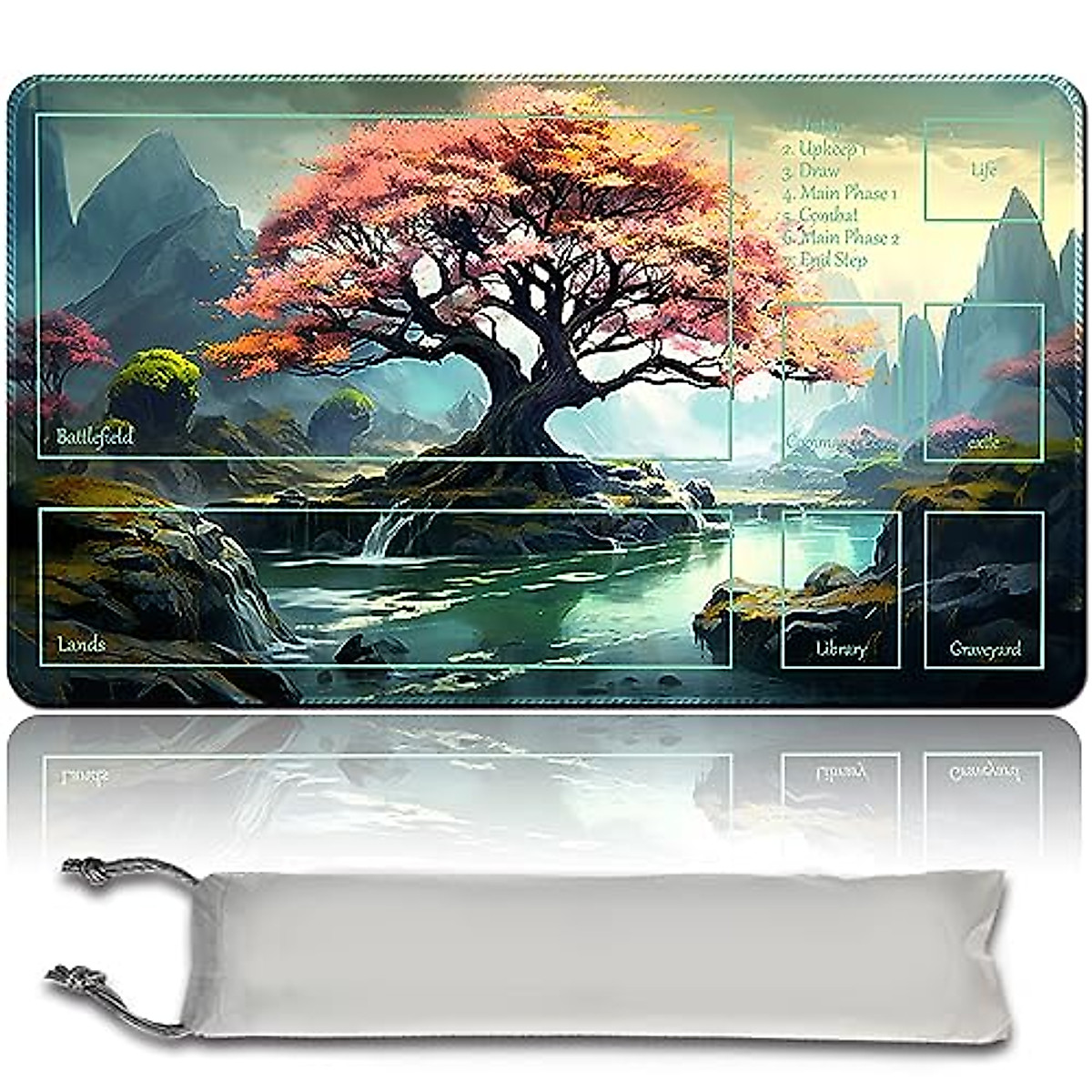 Board Game Pad MTG Playmat + Free Waterproof Bag, TCG Solitaire Table Game Pad Size 24 x 14 inche Mouse Mat Compatible with MTG TCG (Pink Tree - 2)