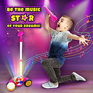 Kids Microphone with Stand, Sing Along Kids Karaoke Machine, Musical Singing Toy, Microphone for Kids with Flashing Stage Lights and Pedals for Fun Sound Effects by First Note USA, Blue