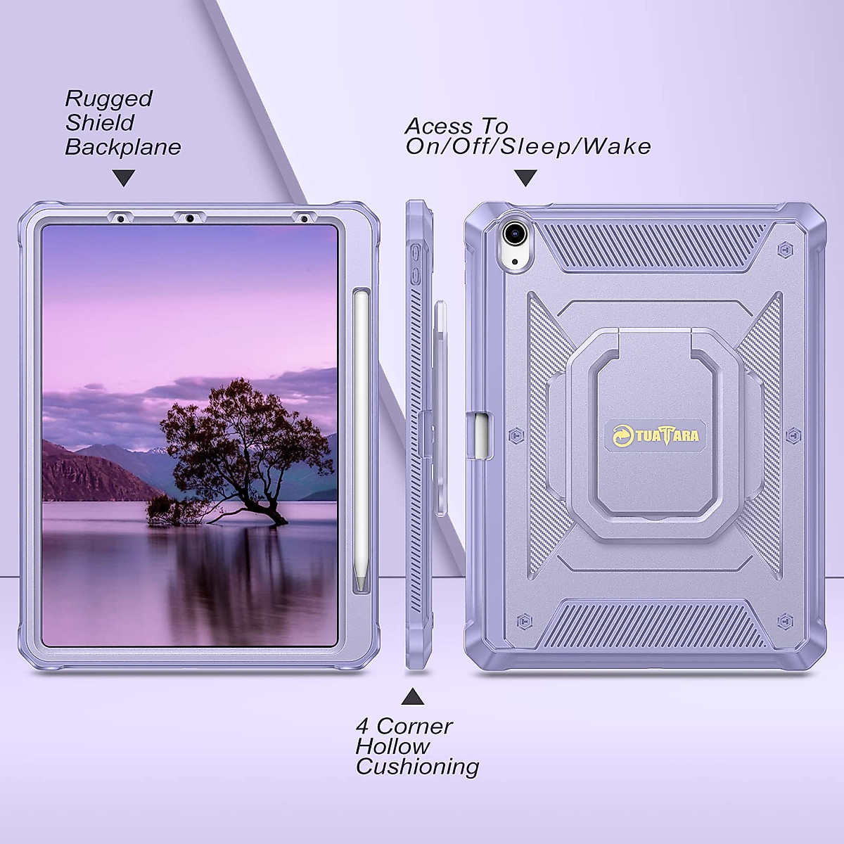 Fintie Case for iPad Air 5th Generation (2022) / iPad Air 4th Gen (2020) 10.9 Inch - [Tuatara Magic Ring] 360 Degree Rotating Grip Stand Shockproof Rugged Cover with Screen Protector, Lilac Purple