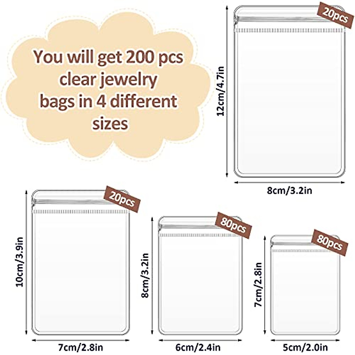 200 Pieces Clear Jewelry Bags Clear Zipper Plastic Bag Self Seal PVC Rings Earrings Packing Pouch Storage Bags for Holding Jewelries (Mixed Sizes)