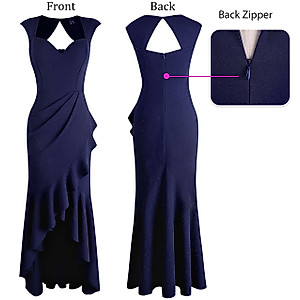 VFSHOW Womens Sexy Ruffle V Neck Ruched Formal Wedding Guest Prom Maxi Dress 2023 Sweetheart Evening Keyhole Back Sparkly HI-LO Gown (Navy Blue, X-Large) 0105C BLU XL