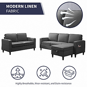 ijuicy 2PCS Sectional Sofa Set,3 Seat Couch & Loveseat Sofa with Side Pockets & Movable Storage Ottoman, Modern Convertible Upholstered Couches for Living Room,Office (3+2Seat/Dark Grey)