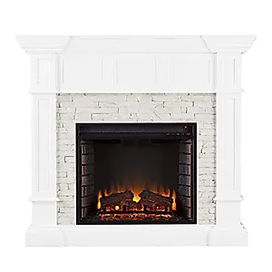 SEI Furniture Merrimack Faux Stone Convertible Electric Corner Fireplace, Fresh White, AMZ8369EF