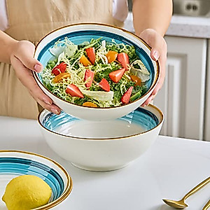 Chralji 63 Ounces Salad Bowls,9"Large Serving Bowls, Pasta Bowls for Kitchen, Ramen,Soup Bowls,Mixing Bowls Hand Paint Sets of 2 Blue