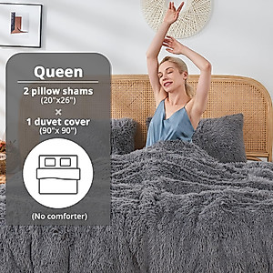 Sasttie Fluffy Duvet Cover Queen Size, 3 Pieces Shaggy Fuzzy Queen Duvet Cover Set, Grey Flannel Plush Faux Fur Duvet Cover with Zipper Closure, Corner Ties, 2 Pillowshams (90x90 Inch)