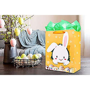 Hohomark Large Easter Gift Bag with Handles 5.8inchx10.5inchx13inch Easter Eggs Bunny Bags For Kids Presents Egg Hunts with Tissue Paper Spring Gift Bags for Easter Party Favor,Multi