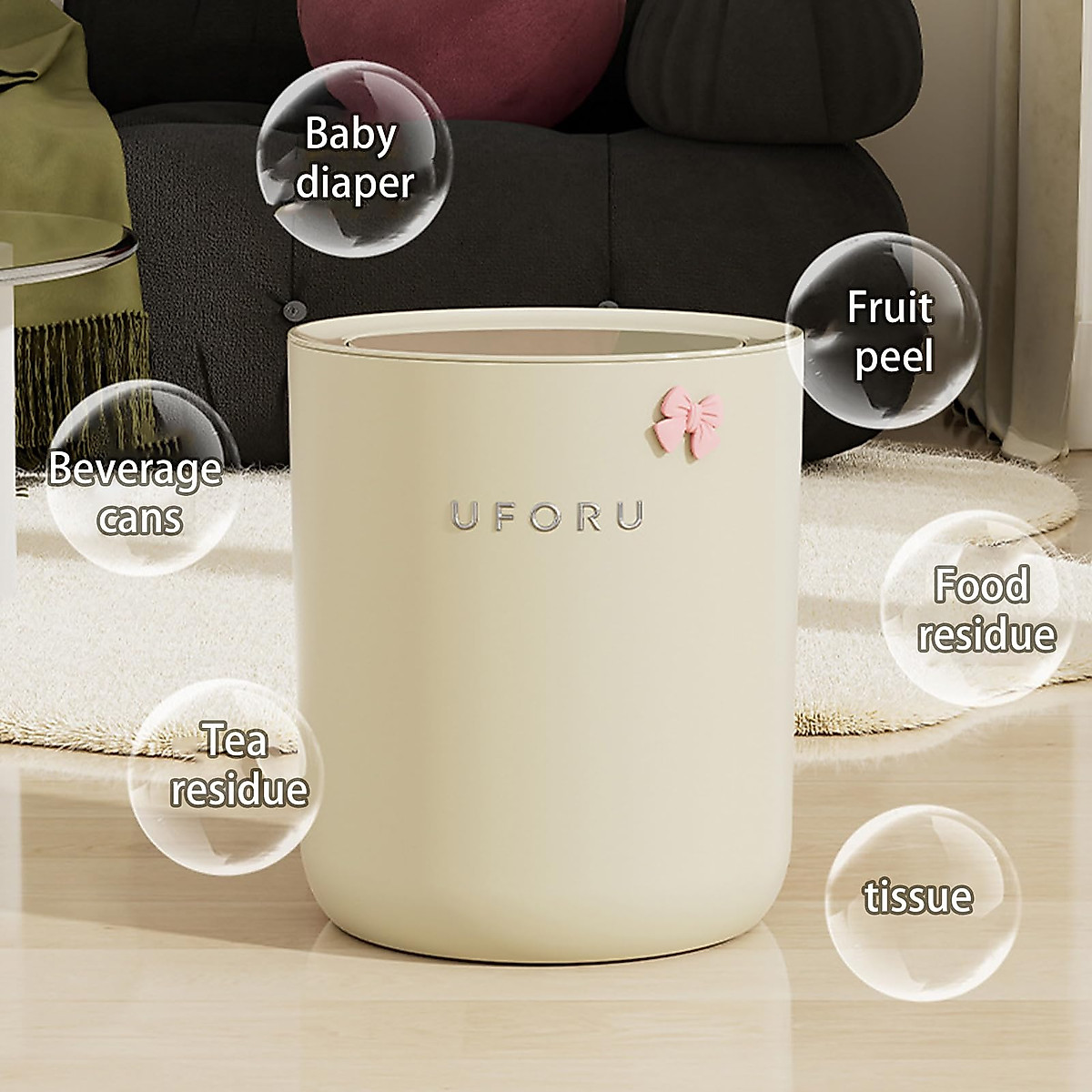PPUMP Living Room Garbage Can, Round Trash Bin,Trash Can with Lid, Small Kitchen Garbage Can Cream Color, Vanity Wastebasket Trash Bin, Trash Bin, Cute Modern Waste Basket for Living Room Toilet