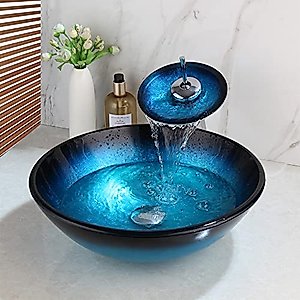 MEKKHALA Bathroom Tempered Glass Vessel Sink Black & Blue Round Wash Basin Bowl Waterfall Mixer Chrome Brass Faucets Pop-up Drain Combo With Cold & Hot Water Hoses