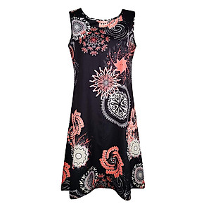 F_Gotal Women Summer Casual Boho Swing T Shirt Dresses Beach Floral Mini Tank Dress Sleeveless Beach Sundress Cocktail Black