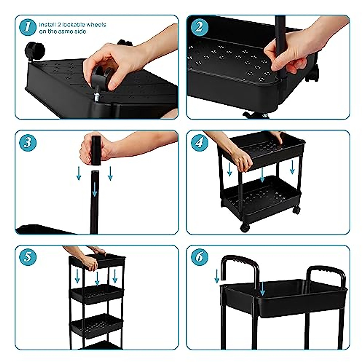 Vtopmart 5 Tier Rolling Cart with Wheels, Detachable Utility Storage Cart with Handle and Lockable Casters, Storage Basket Organizer Shelves, Easy Assemble for Bathroom, Kitchen, Black