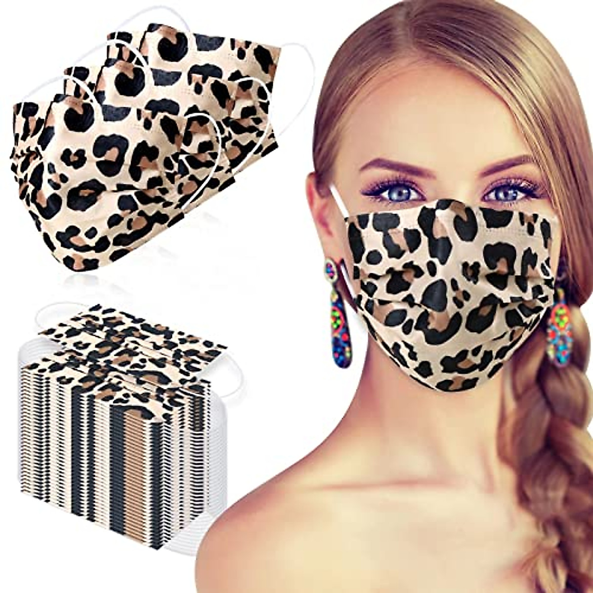 Disposable Face Mask - 50pcs Comfortable Protective Mouth Cover,Printed Cheetah Face Mask Adults, 3-Ply Breathable Safety Mask for Indoor Outdoor Home Office Travel (Leopard)