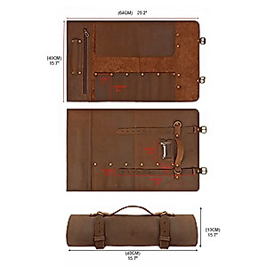 TOURBON Leather Knife Roll Bag, Kitchen Tool Holder with 5 Slot and Zipper pocket, Camping Cooking Tools Stroage Carry Case with Shoulder Strap