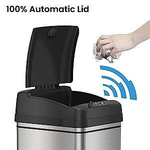 iTouchless 13 Gallon Glide Sensor Trash Can with Wheels and 10 Premium Trash Bags, Odor Control System, Automatic Kitchen and Office Garbage Bin, Stainless Steel