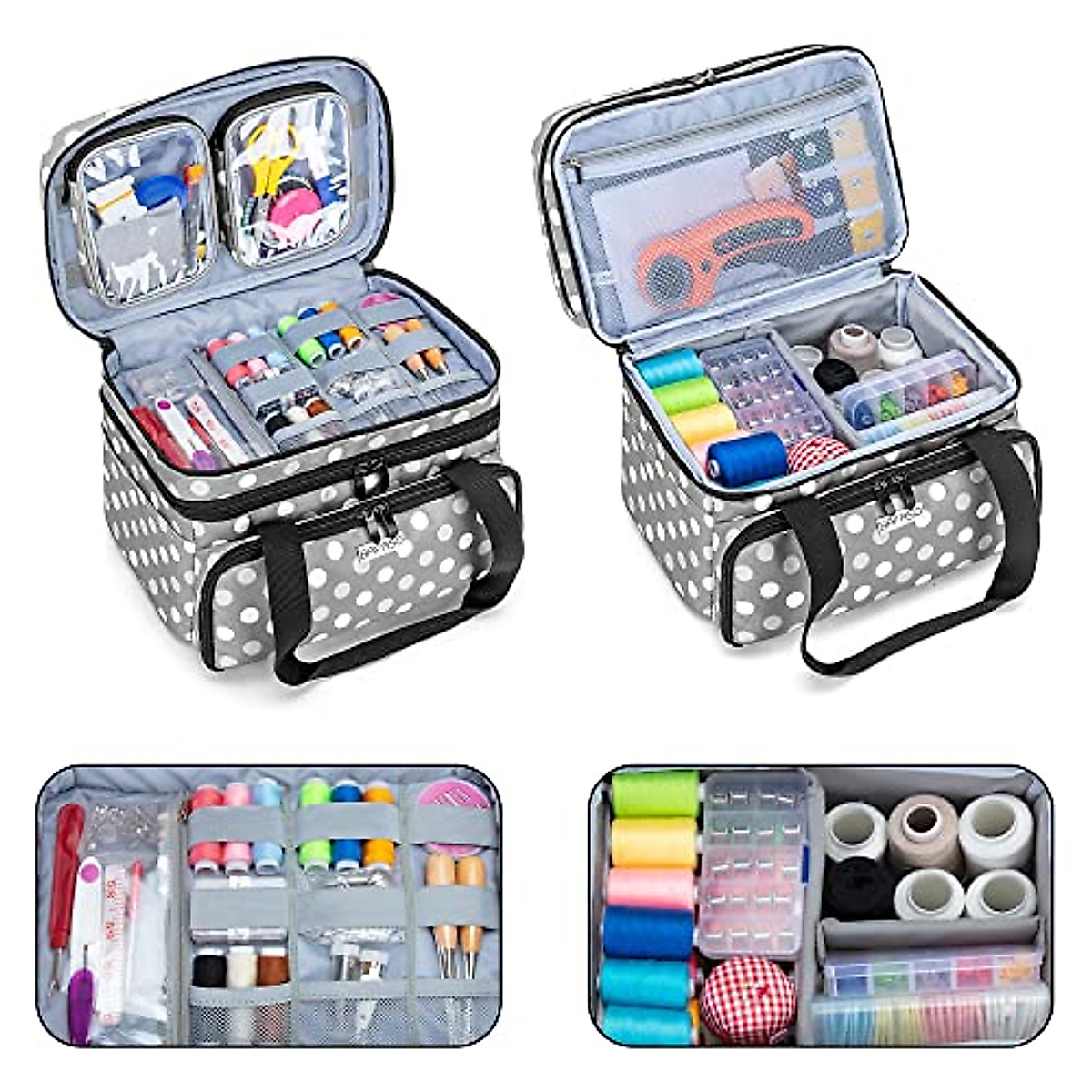 BAFASO Double Layer Sewing Accessories Organizer with 2 Detachable Pouches, Large Sewing Storage Bag for Sewing Tools, Polka Dots