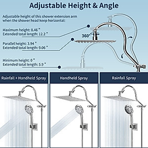 Hibbent All Metal Shower Head, 10'' High Pressure Rainfall Shower Head/Handheld Showerhead Combo with 12'' Adjustable Curved Shower Extension Arm, 7-Spray, 71'' Shower Hose, Showerhead Holder, Chrome