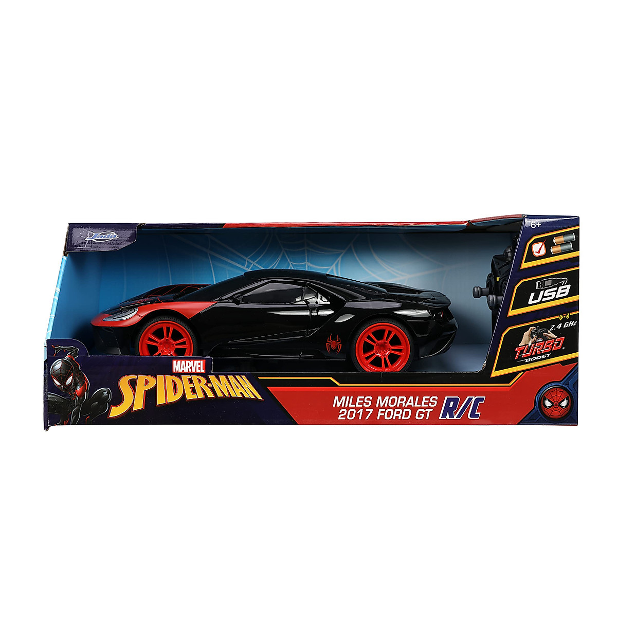 Jada Toys Marvel Spider-Man 1:16 Miles Morales 2017 Ford GT RC Remote Control Car 2.4GHz, Toys for Kids and Adults, Black