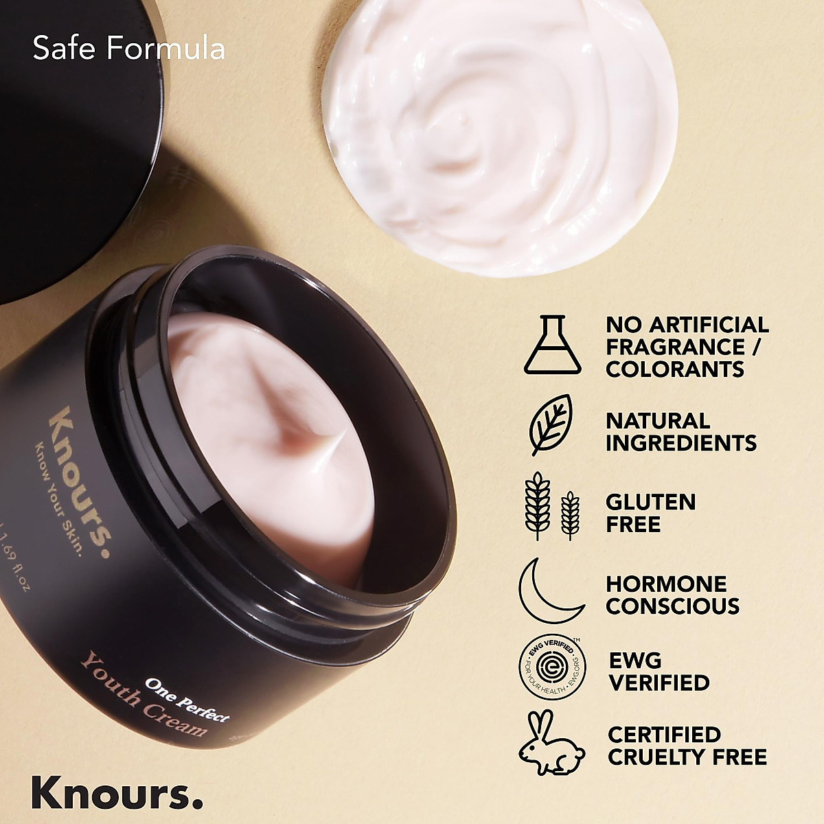 Knours. Moisturizing Shea Butter + Sweet Almond Oil Youth Cream, A rich cream that deeply rejuvenates skin, rich combination of vegan oils - EWG Verified Clean Beauty 50ml 1.69 oz.