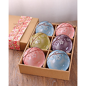 WHJY Cherry Bloom Chinese Japanese Ceramic Rice Bowl 10 oz, Sakura Bowl Gift Set, Serving Bowls Dinnerware Bowls for Rice, Cereal, Noodle, Soup, Desserts, Set of 6