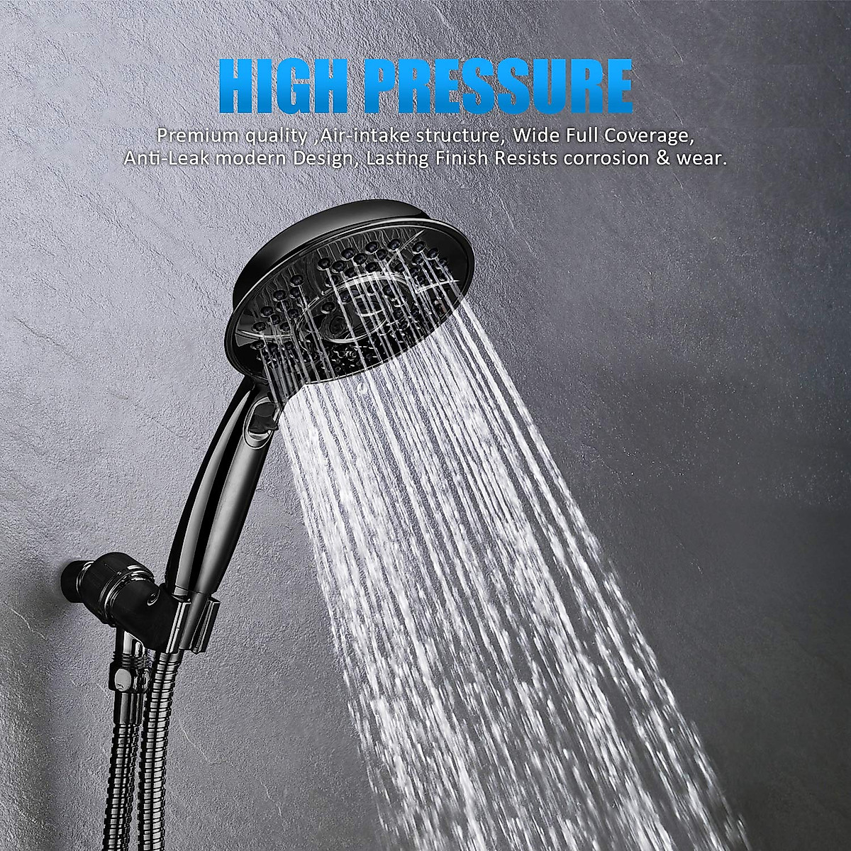 Handheld Shower Head, WASSERN High Pressure 6 Setting Rainfall Massage Water Saving Trickle Pause Extra Long 80'' Stainless Steel Hose Adjustable Bracket Brass Ball Joint 5.2'' Matte Black