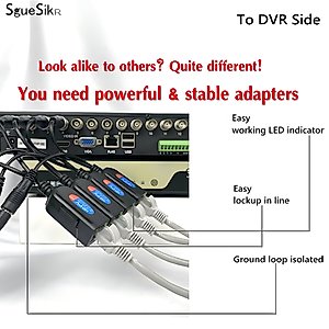 SGUESIKR 4 Pair BNC to RJ45 Passive Video Balun with Power, Cat5e/Cat6 to BNC Adapter, 1080P-8MP Analog Surveillance Camera Ethernet Cable Transceiver - Compact, Ground-Loop Isolated