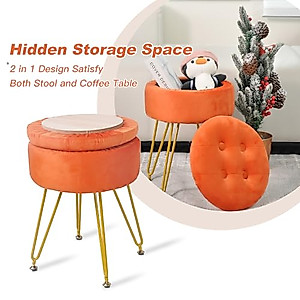 YLCHHOMY Round Vanity Stool with Storage, Velvet Storage Ottoman Footrest Stool Chair Holds up to 300 lb Small Soft Makeup Stool Modern Dressing Stool for Bedroom, Living Room, Bathroom -Orange