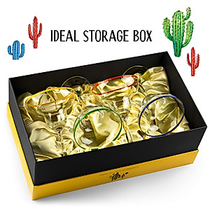 10 oz Margarita Cocktail Glasses + Colorful Party Rims | Set of 4 | Classic Frozen Drinks Stemware + Fun Cactus Gift Box | Thick Stem, Heavy Duty, Clear Hand Blown Glassware Drinking Set