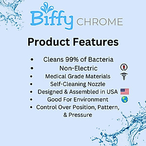 Biffy Chrome Metal Attachable Bidet: Physician Designed, Self-Cleaning 8-Stream Nozzle, Non-Electric, Adjustable Water Pressure, Two-Inch Coverage, Easy Install (Metal Bidet)