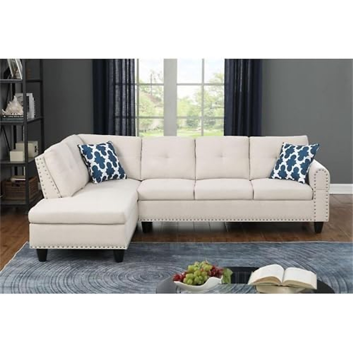 Devion Furniture Polyester Fabric Sectional Sofa with Lift-top Storage Ottoman, Tufted Design, in Beige Finish