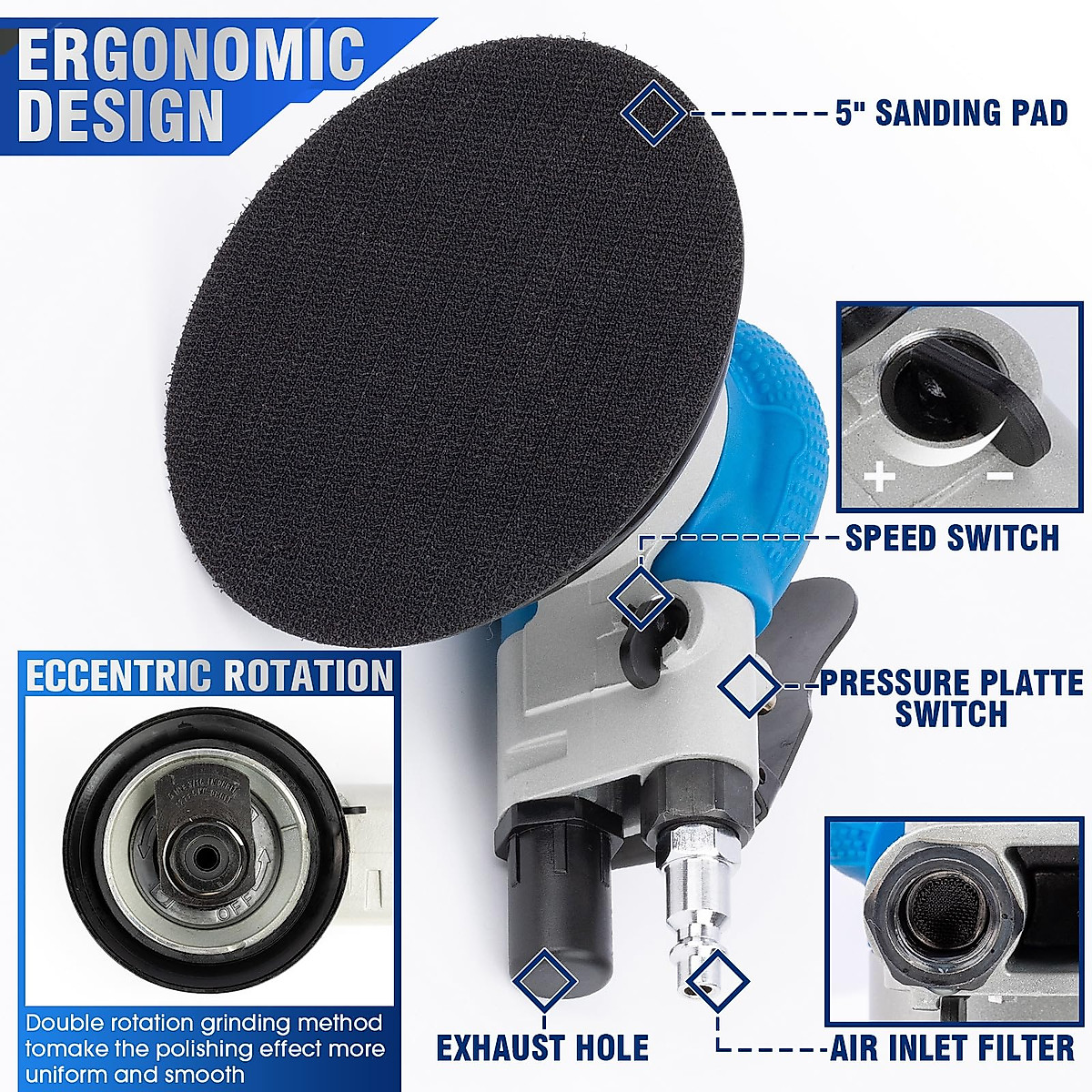 KUIMIT 5 Inches Air Random Orbital Sander, Pneumatic Palm Car Sanders For Wood Polisher Metal,And Auto Body Work, Da Sanders, Dual-action Sander