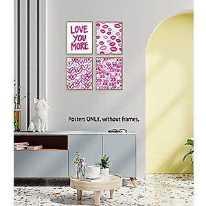LiTiu Hot Pink Lips Hearts XOXO Love You More Preppy Wall Art Poster Prints Decor, 8”x10”Set Of 4, Preppy Love Artwork Girl Gifts for Women, Decorations For Home Bedroom