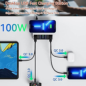 USB Charging Station, 100W 8-Port Charging Station for Multiple Devices with 4 QC3.0+4 USB C PD Ports, Wireless Charger, Multi Fast Charging Hub USB C Charging Station for iPhone,Samsung, iPad