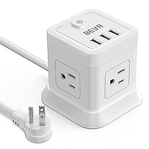 BEVA Power Strip with USB - 5ft Long Extension Cord with 4 Widely Spaced Outlets and 3 USB Ports Cube Desktop Charging Station, Overload Protection, Compact for Travel, Cruise Ship and Dorm
