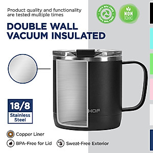 HAUSHOF 14 oz Coffee Mug, Insulated Coffee Mug with Handle, Travel Camping Cup, Portable Stainless Steel Coffee Cup, Insulated Coffee Cups with Lid, Black