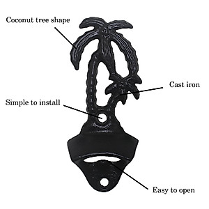 Luwanburg Black Cast Iron Palm Tree Novelty Bottle Opener, Rustic Wall Mount Bottle Opener Beach Coastal