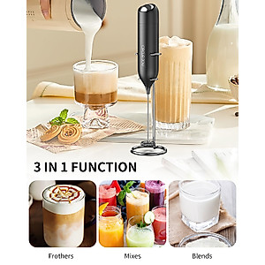 CIRCLE JOY Milk Frother Hanheld with Stand, Electric Coffee Frother, Battery Operated Hand Frother Wand Drink Mixer Mini Foamer for Matcha Lattes Cappuccino, Kitchen Gifts, Black